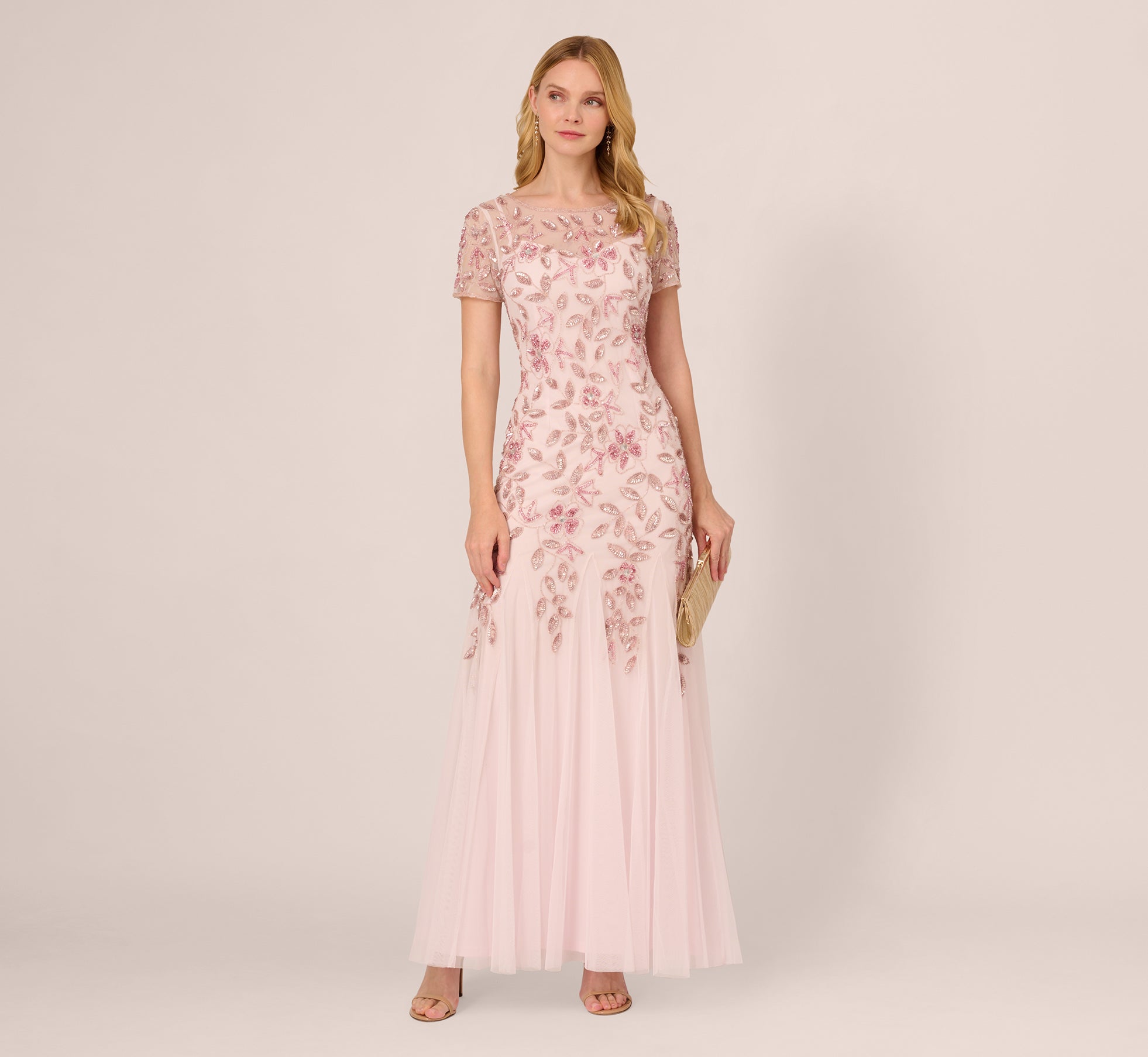 ADRIANNA PAPELL Hand-Beaded Floral Godet Gown